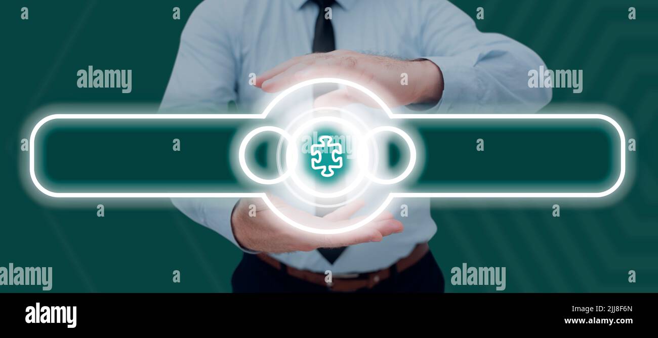 Businessman With Futuristic Display And Jigsaw Piece Symbol In Hands ...