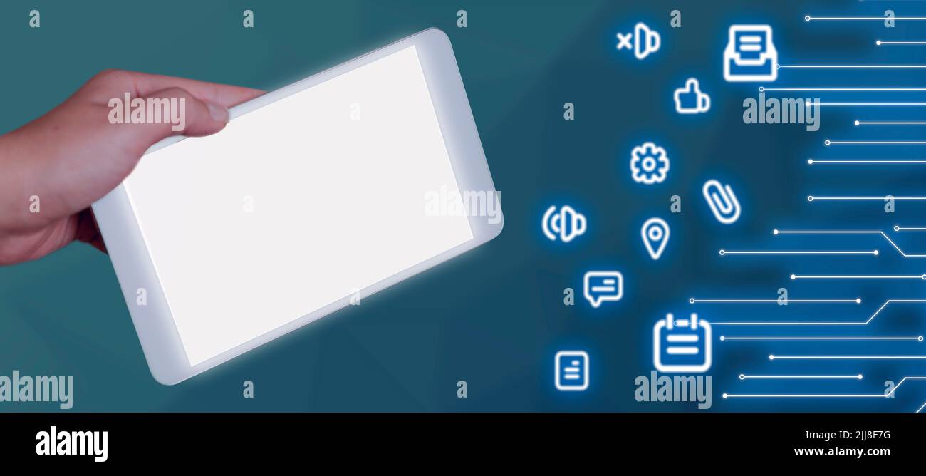 Man Holding Tablet With Important Messages On It With Different S ...