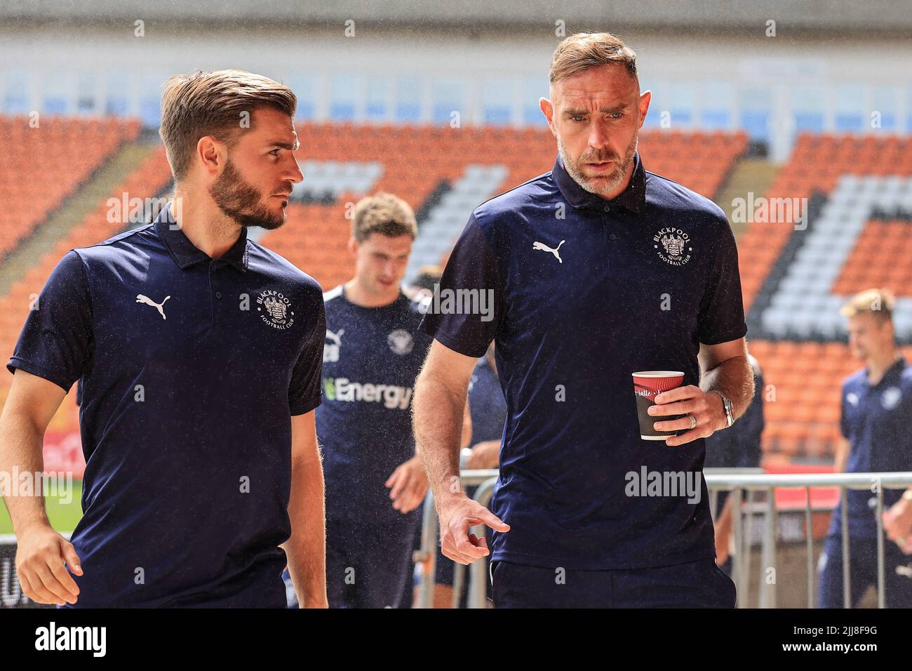 Luke Garbutt #29 of Blackpool and Richard Keogh #26 of Blackpool arrive ...