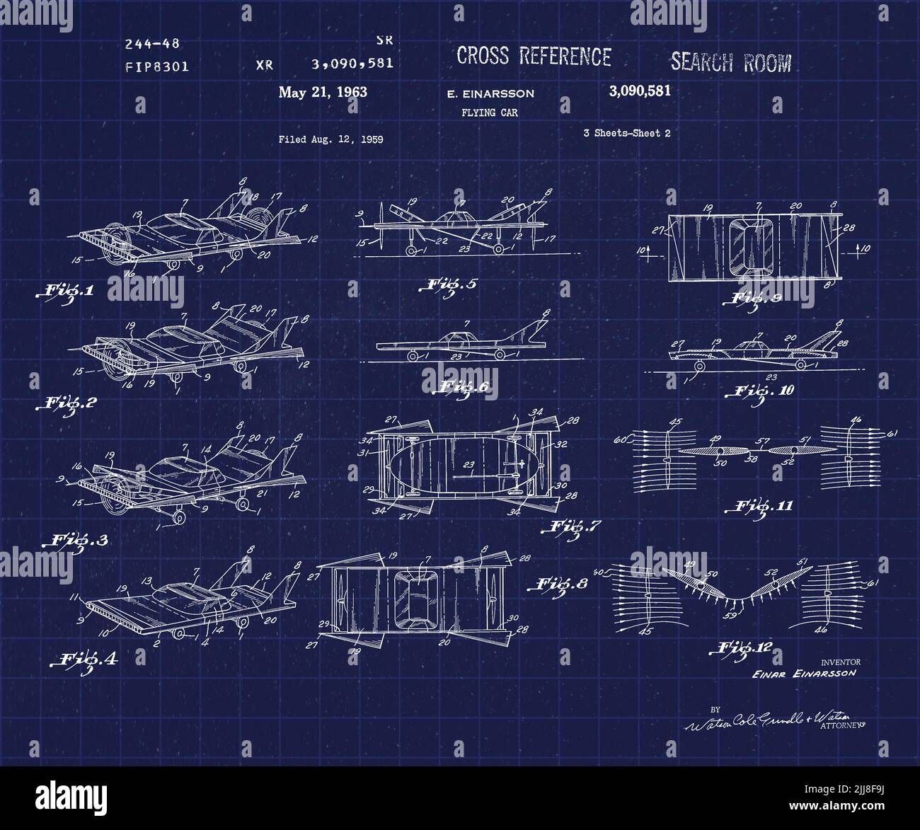 Old blueprint of flying car design Stock Photo - Alamy