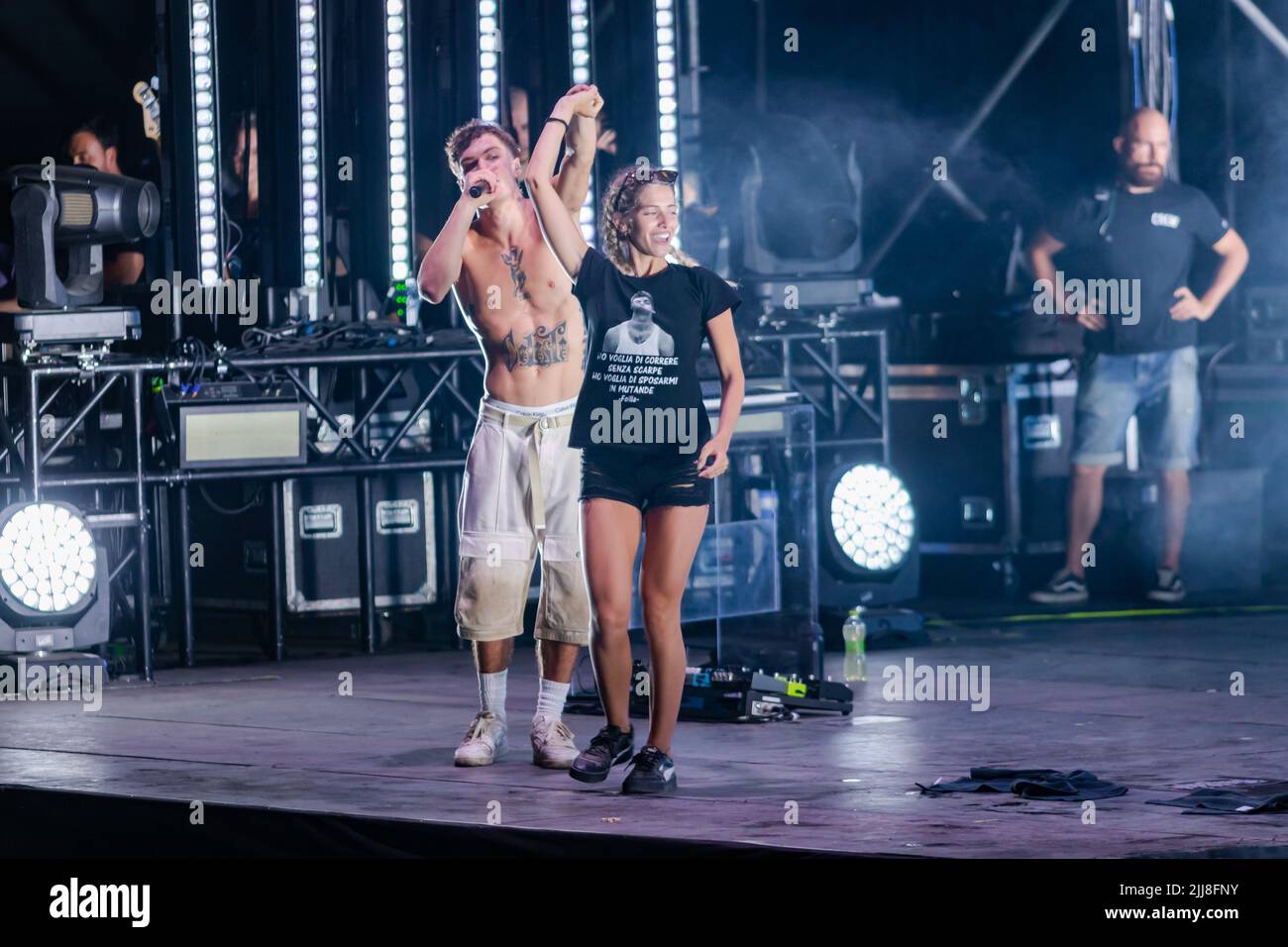 Blanco on stage with fans during Blanco - Blu celeste tour, Italian ...