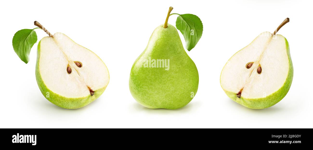 Green pear with pear leaf and half of pear isolated on white background ...