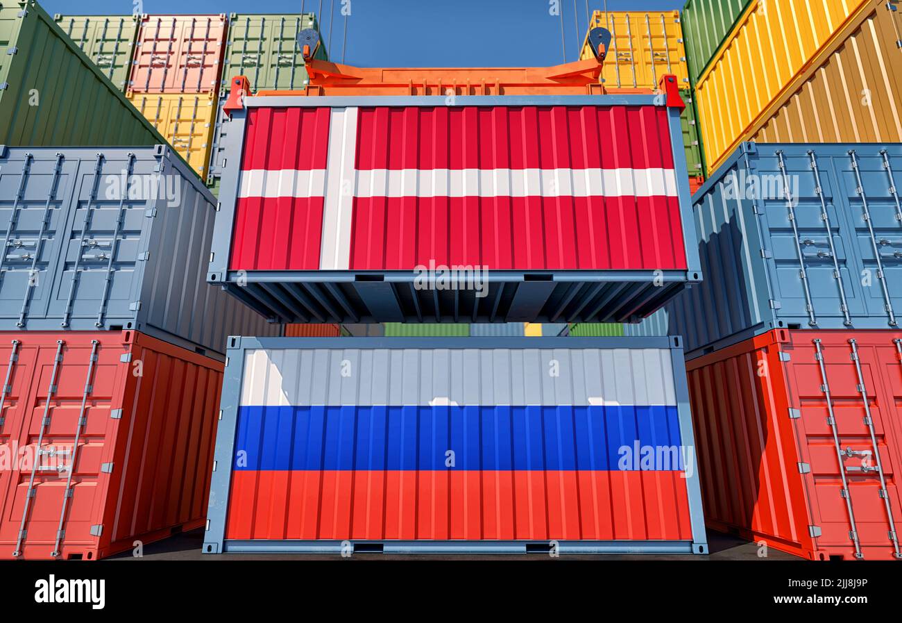 Cargo containers with Denmark and Russia national flags. 3D Rendering ...