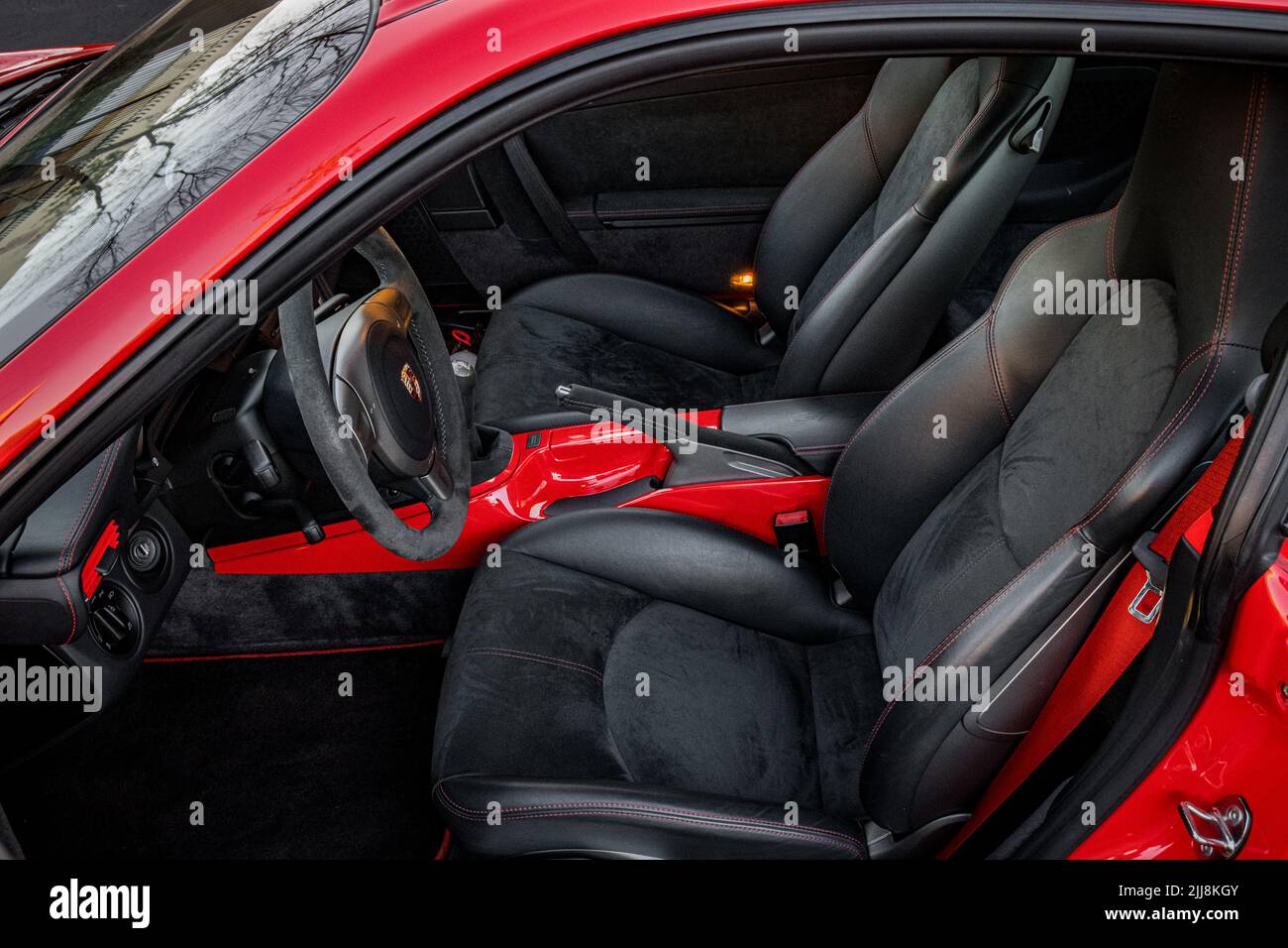 The high-angle close-up view of a Red 2008 Porsche 911 GT3 car salon ...