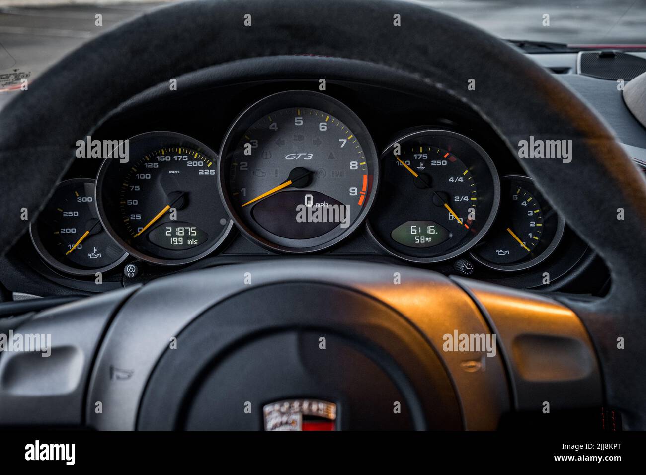 The close-up view of a Red 2008 Porsche 911 GT3 car speedometer and ...