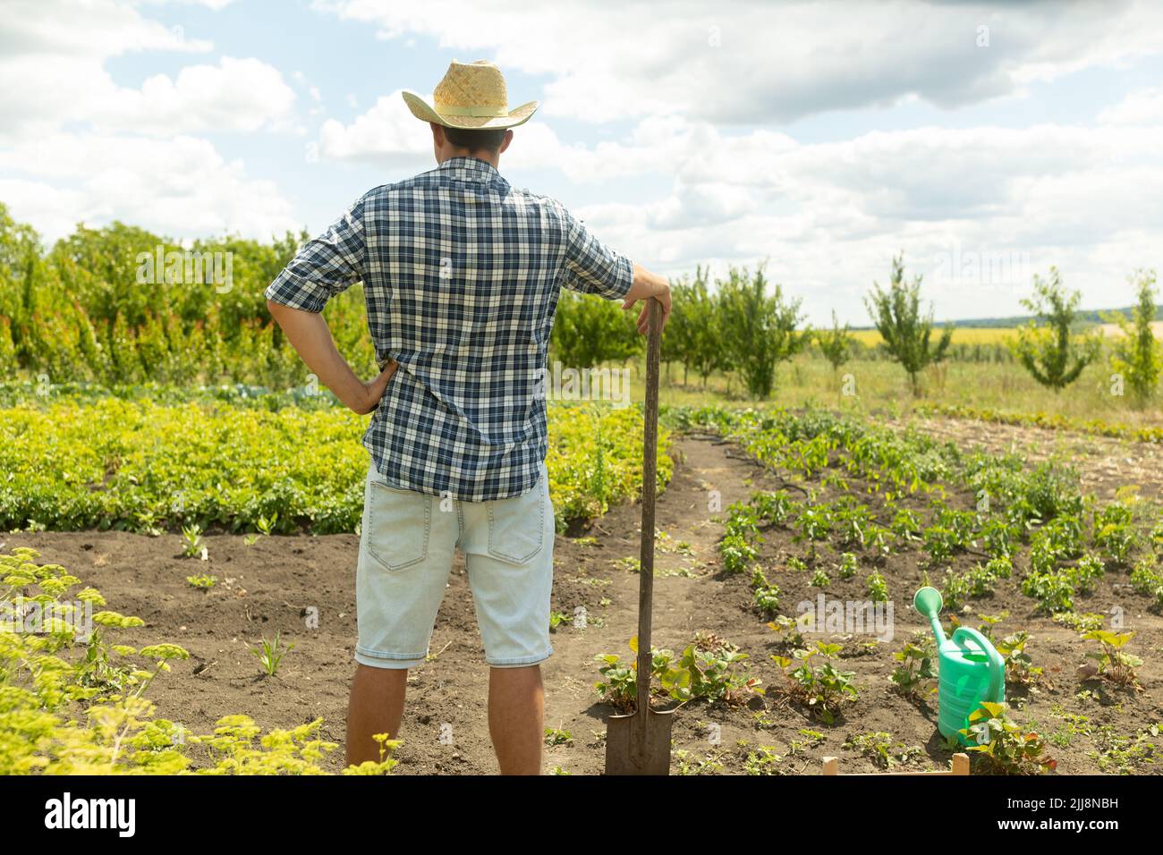 Back view of farmer man in a hat, with a shovel, who was about to dig a ...