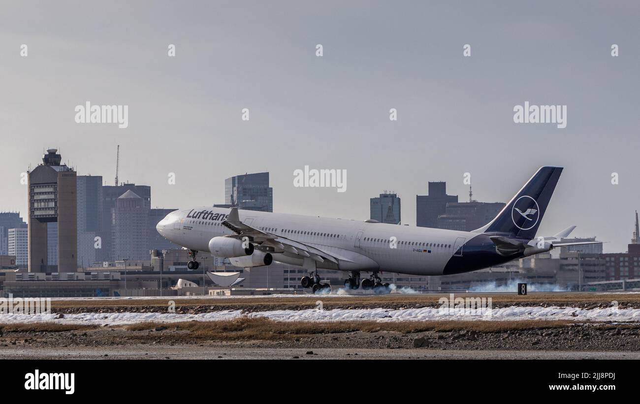 A view of an airplane that has landed in Boston, Massachusetts after a ...