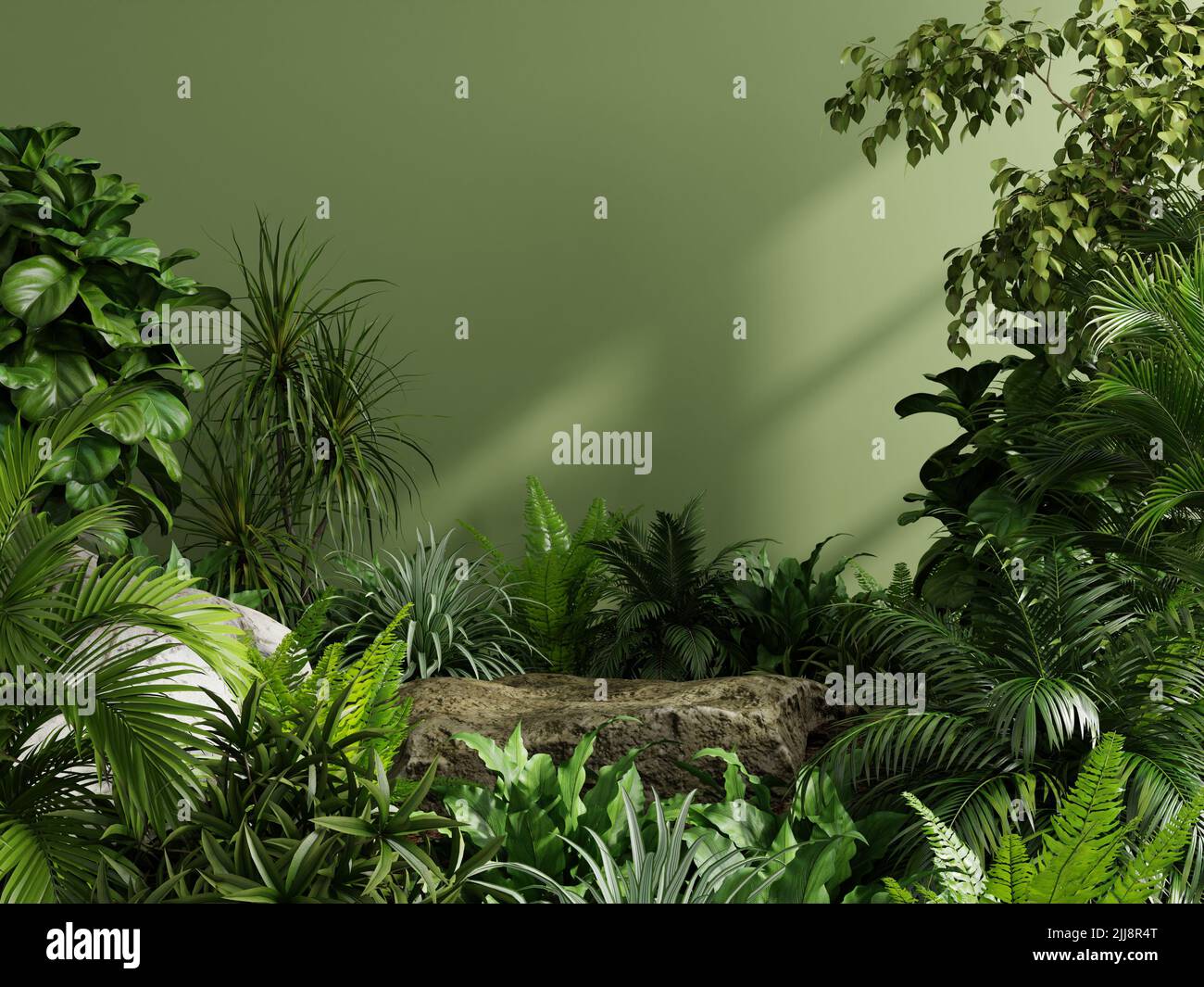 Stone platform pedestal in tropical forest for product presentation and ...