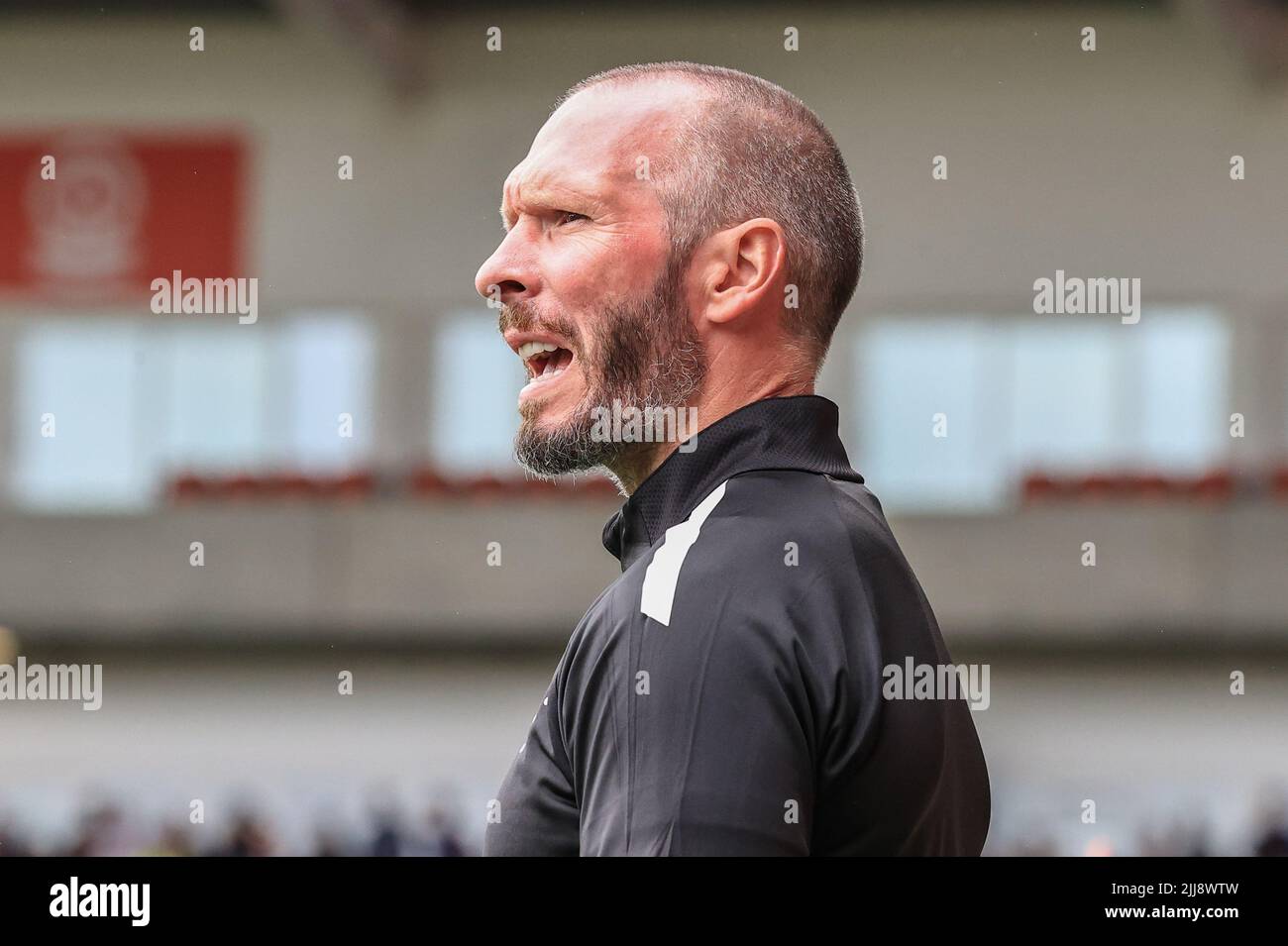 Michael Appleton manager of Blackpool gives his team instructions Stock ...