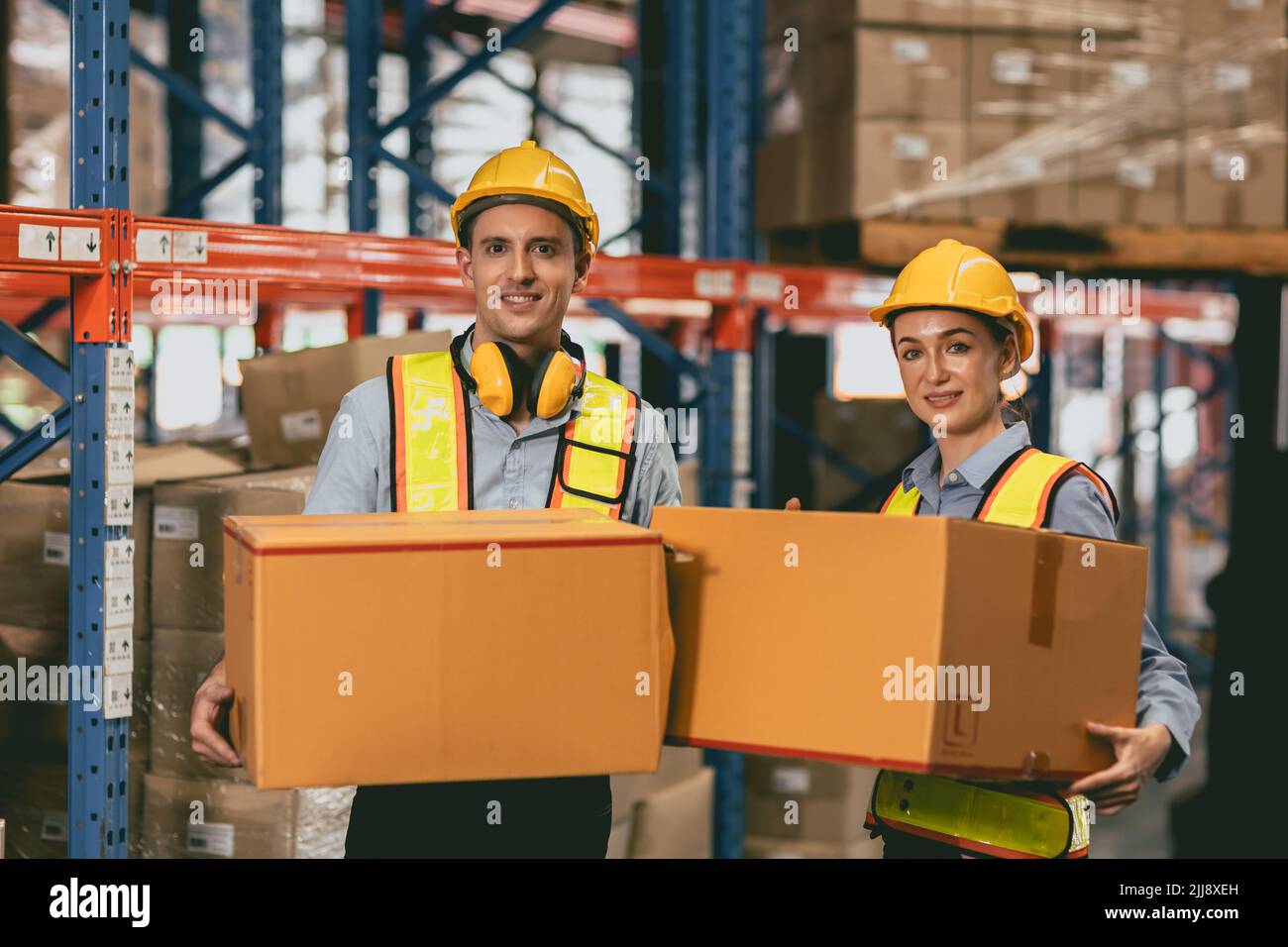 warehouse working people team caucasian male and woman working delivery ...
