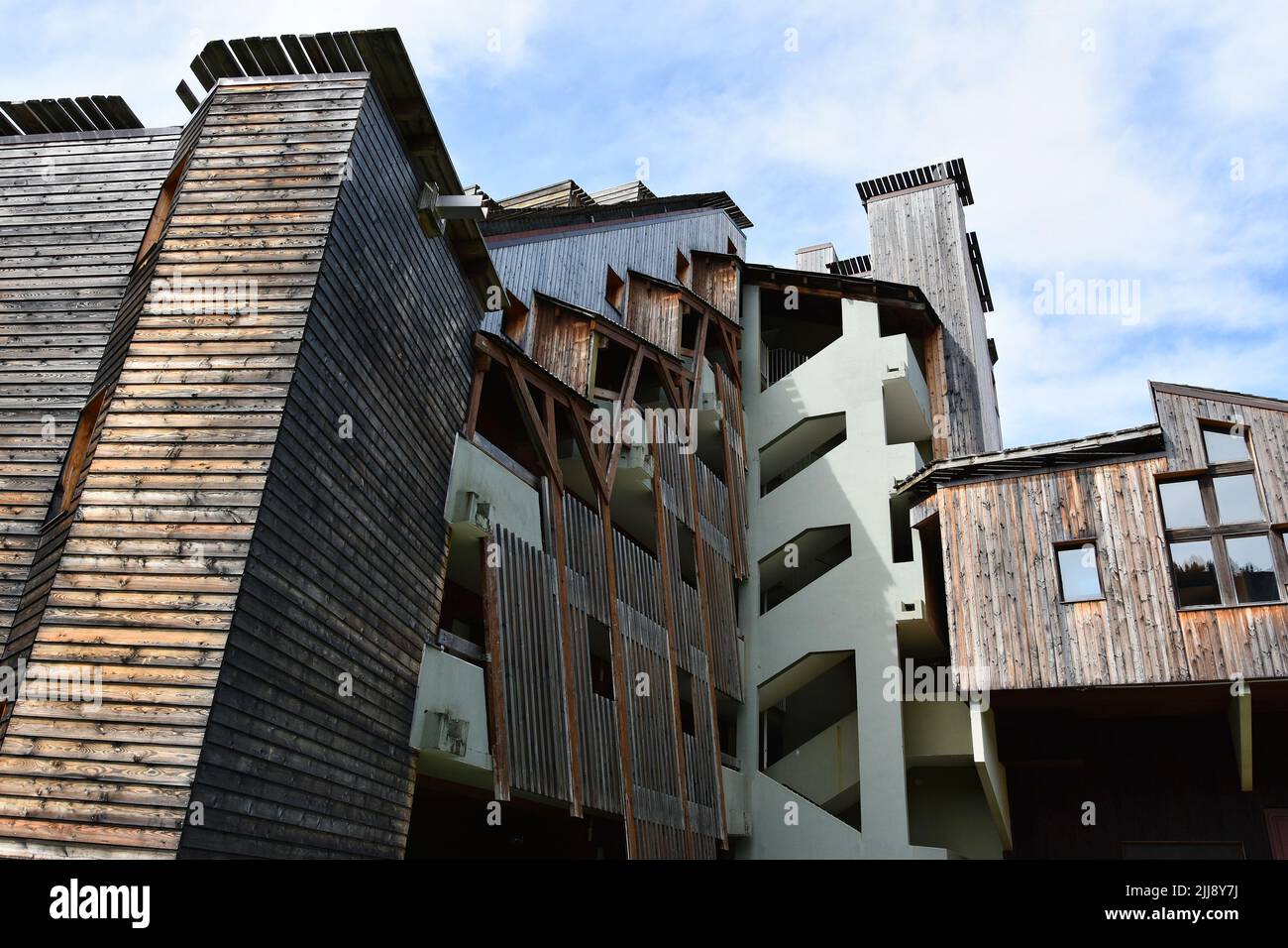 Strange wooden buildings in Avoriaz , French mountain resort, in the ...