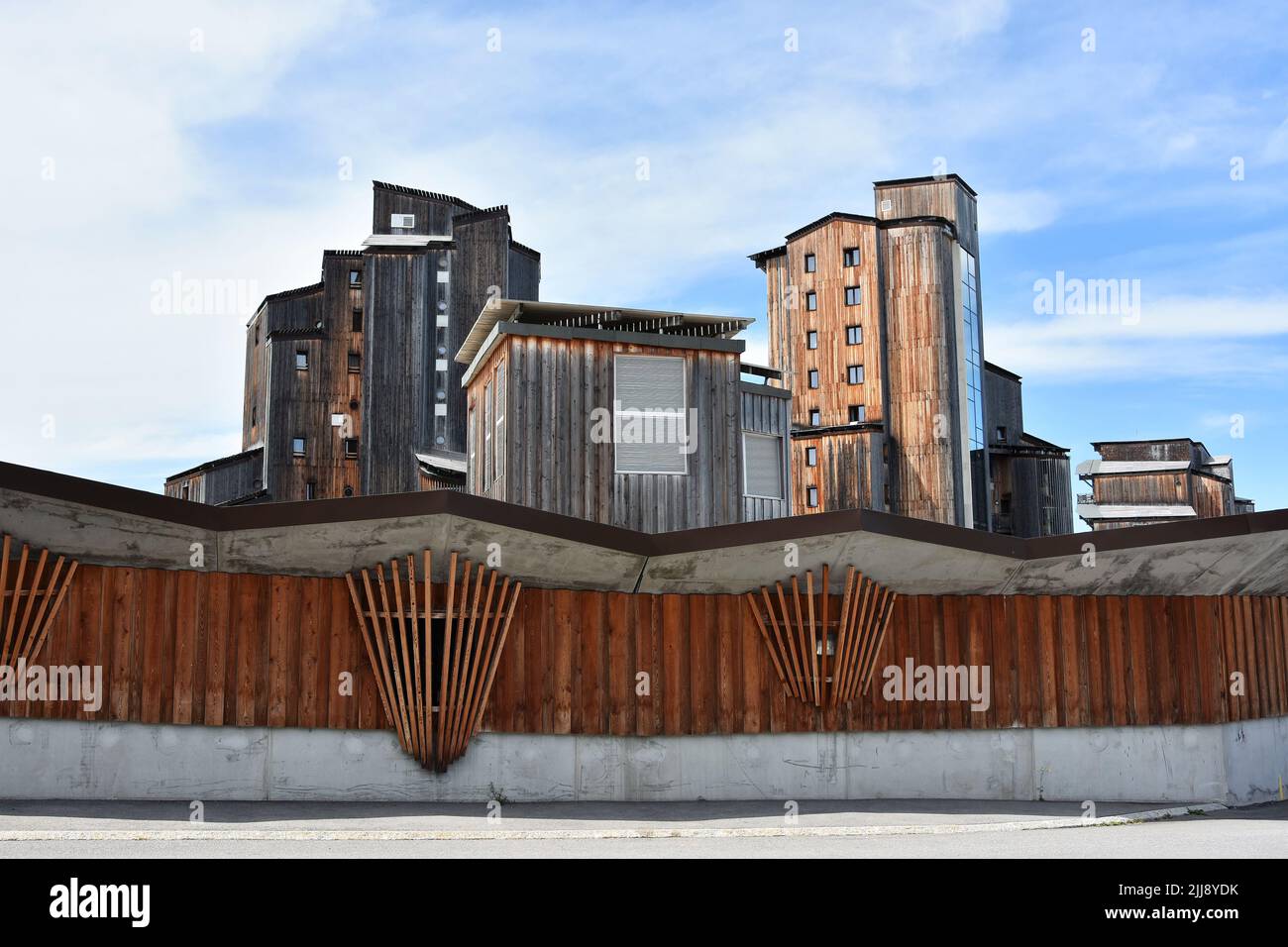 Strange wooden buildings in Avoriaz , French mountain resort, in the ...