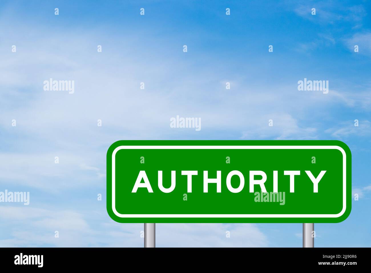 Green color transportation sign with word authority on blue sky with ...