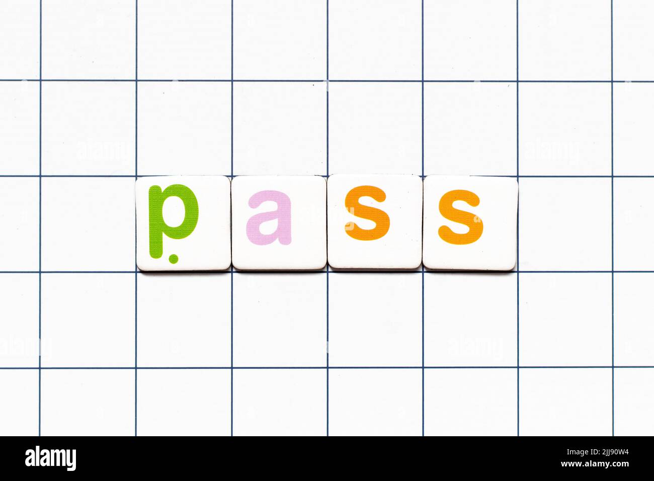 Colorful tile letter in word pass on white grid background Stock Photo ...
