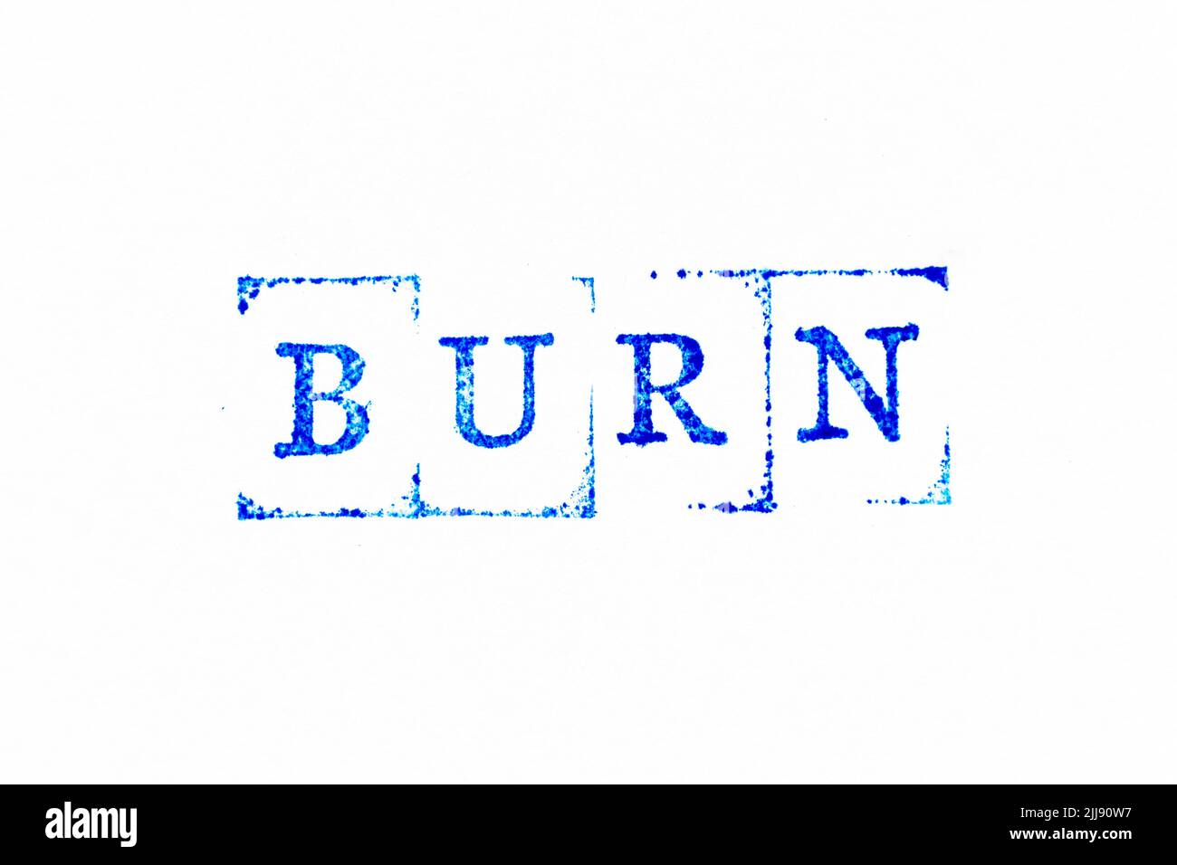 Blue color ink rubber stamp in word burn on white paper background ...