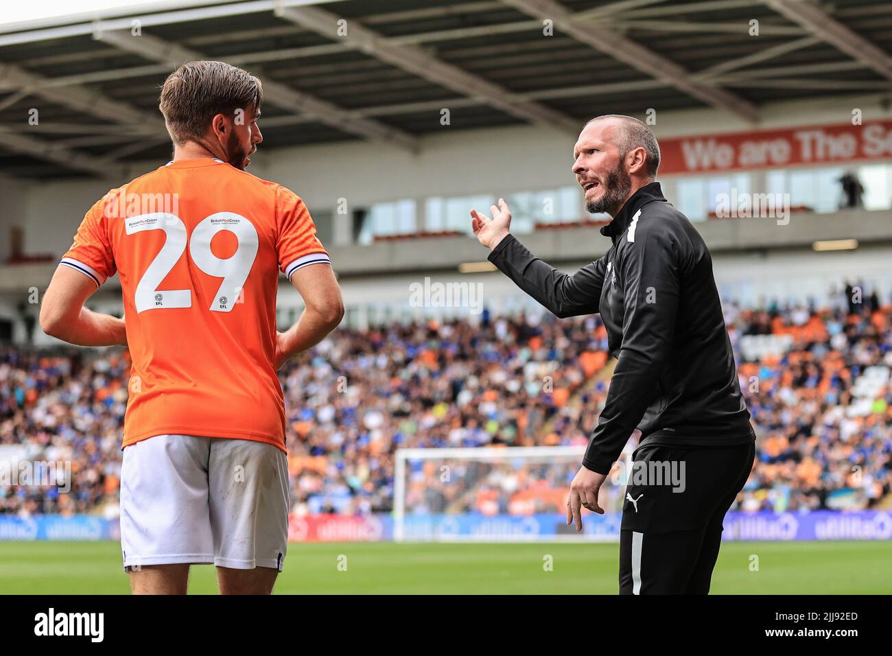 Michael Appleton manager of Blackpool gives instruction to Luke Garbutt ...