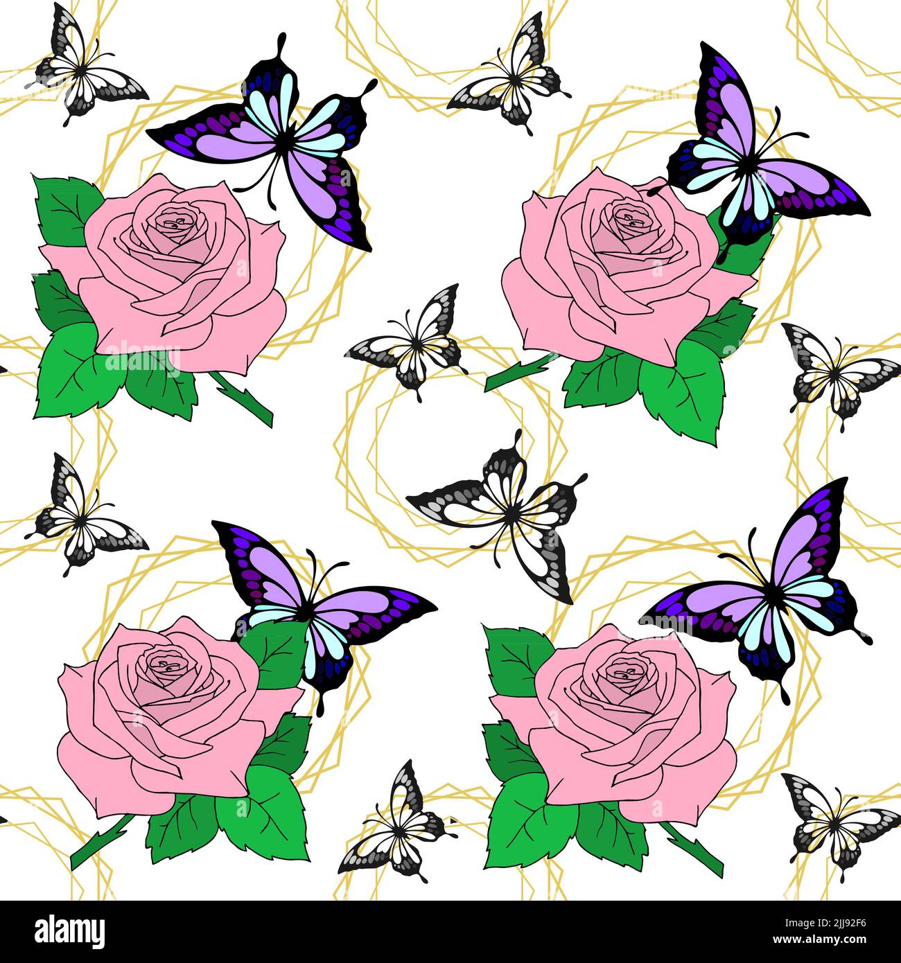 seamless pattern of red roses and butterflies on a white background ...