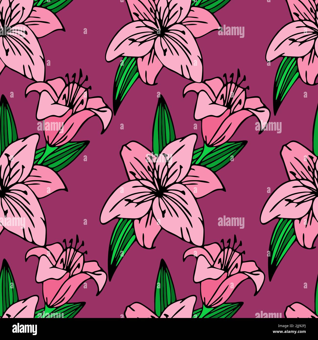 seamless repeating pattern of large pink lily flowers on a purple ...