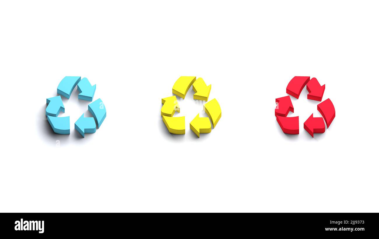 Three Recycle blue, yellow, red colors web symbol. 3D icon back to ...