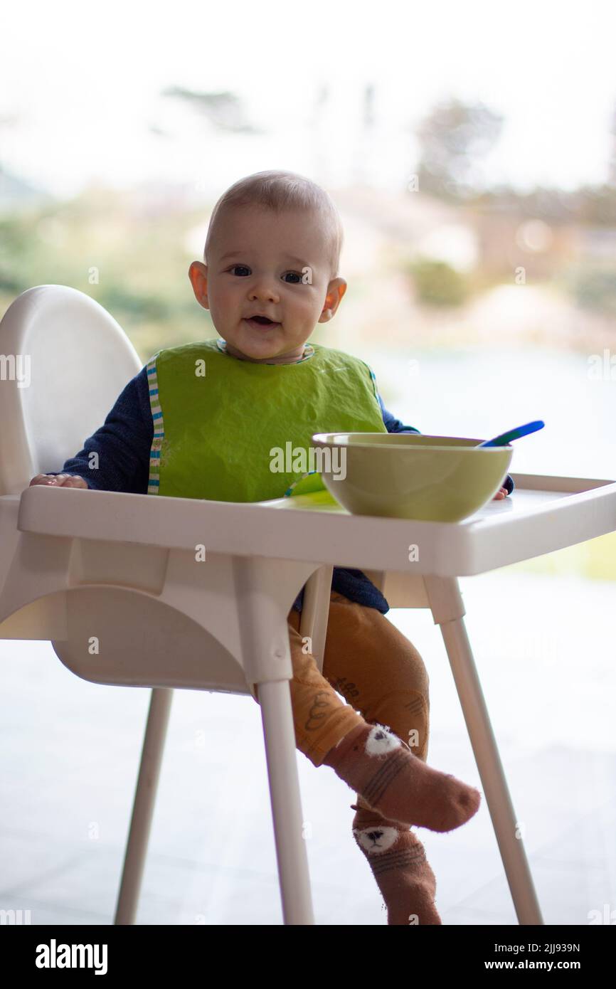 Little toddler eating on high chair, happy baby boy full body view ...