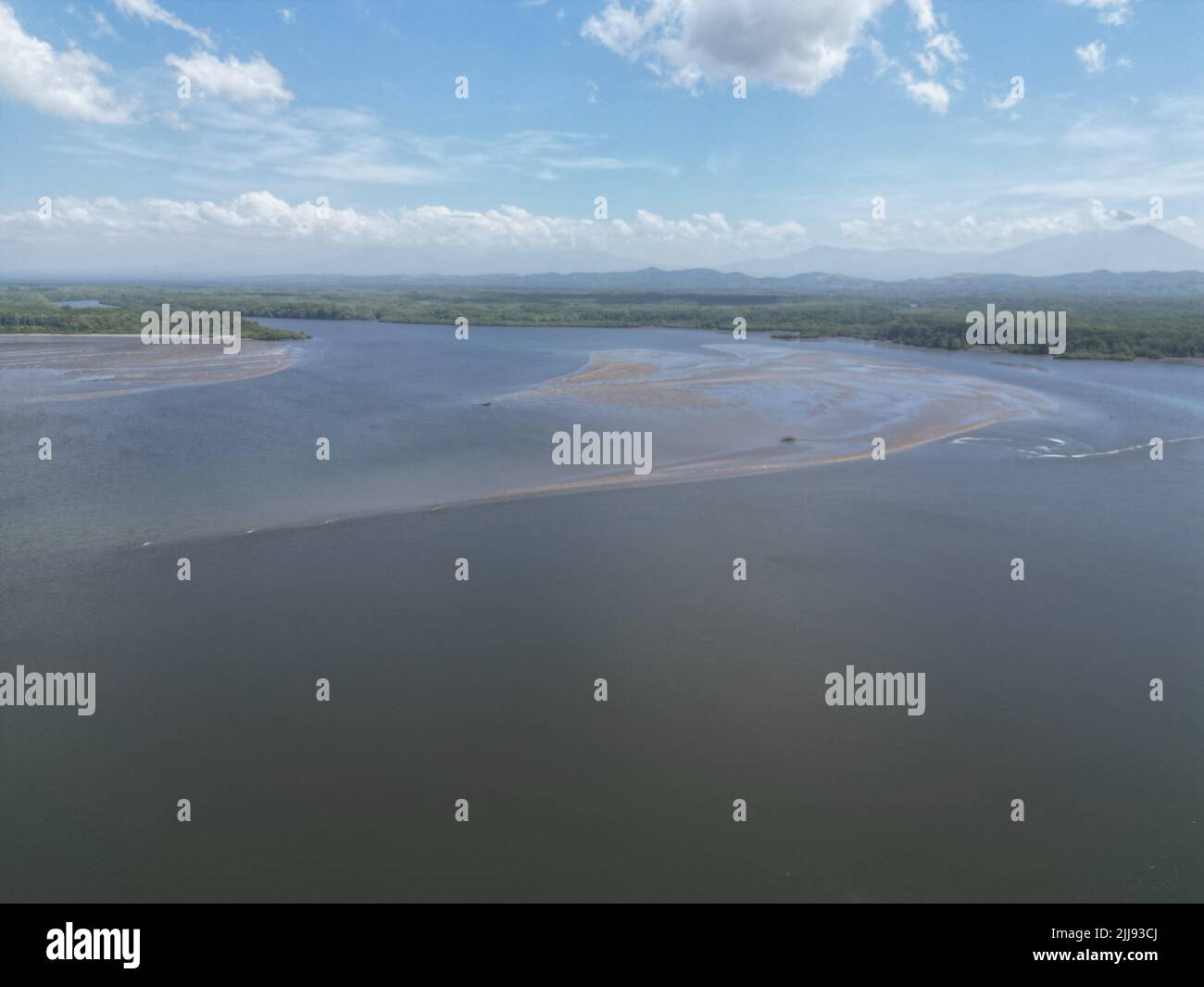 An aerial view of the seascape in El Espino, Usulutan, El Salvador ...