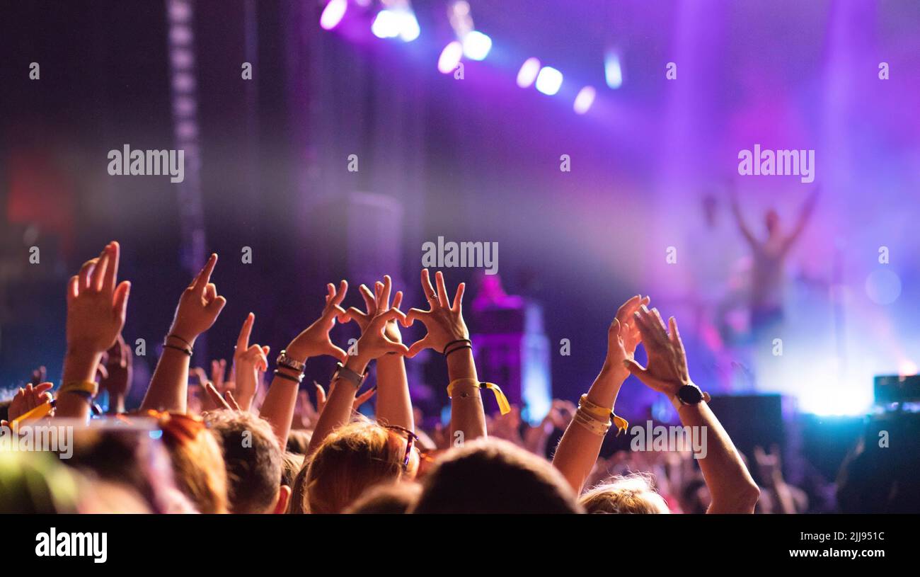 crowd partying stage lights live concert summer music festival Stock ...