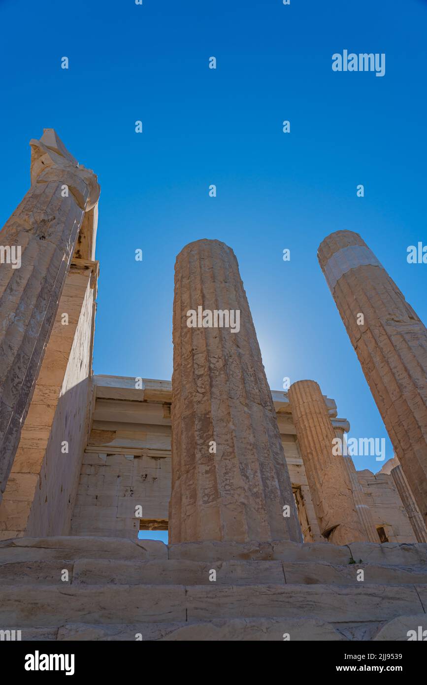Columns of Athena Nike temple on Acropolis, landmark of Athens. Scenic ...