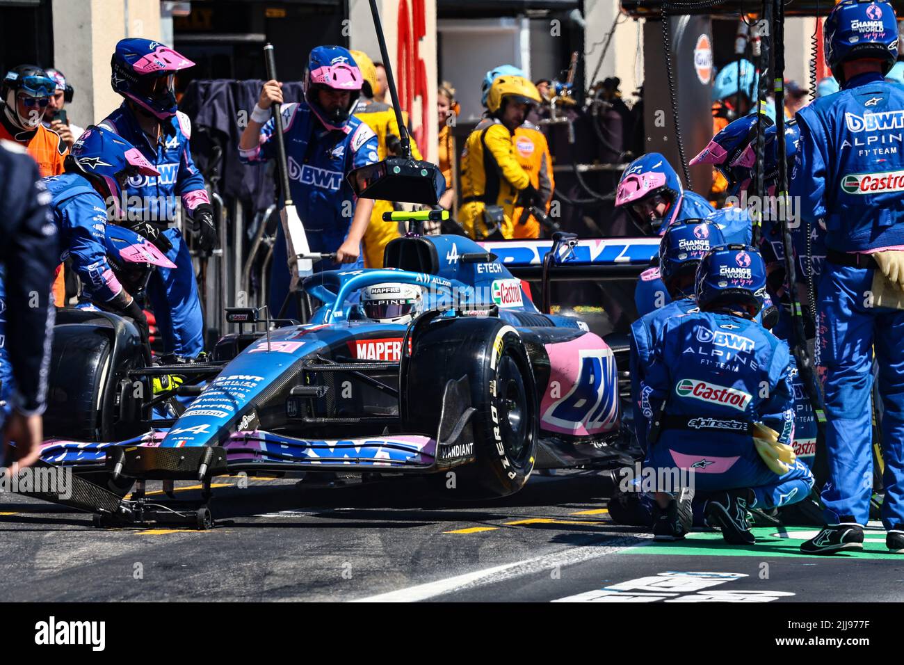 Esteban Ocon (FRA) Alpine F1 Team A522 makes a pit stop. 24.07.2022. Formula 1 World ...