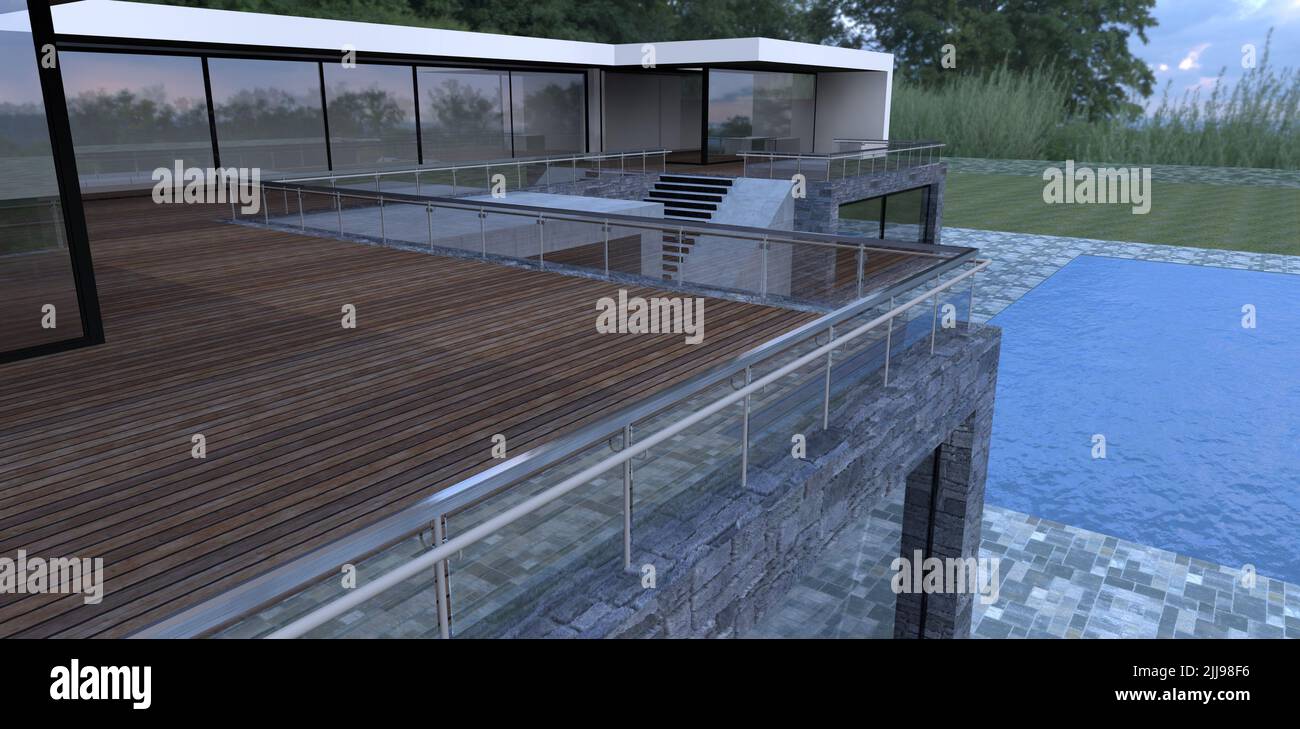 Spacious patio of a luxurious country house. Terrace flooring. Below is ...