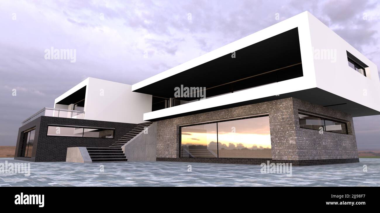 The concept of a futuristic country house. Flat roof, long rectangular ...