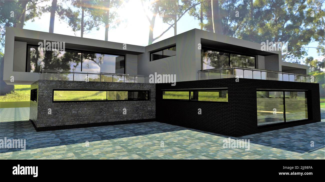 The concept of a futuristic house in the rainforest. Flat roof, long ...