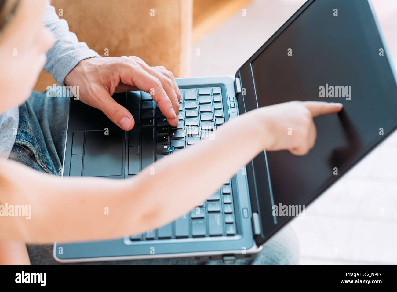technology education laptop child point screen Stock Photo - Alamy