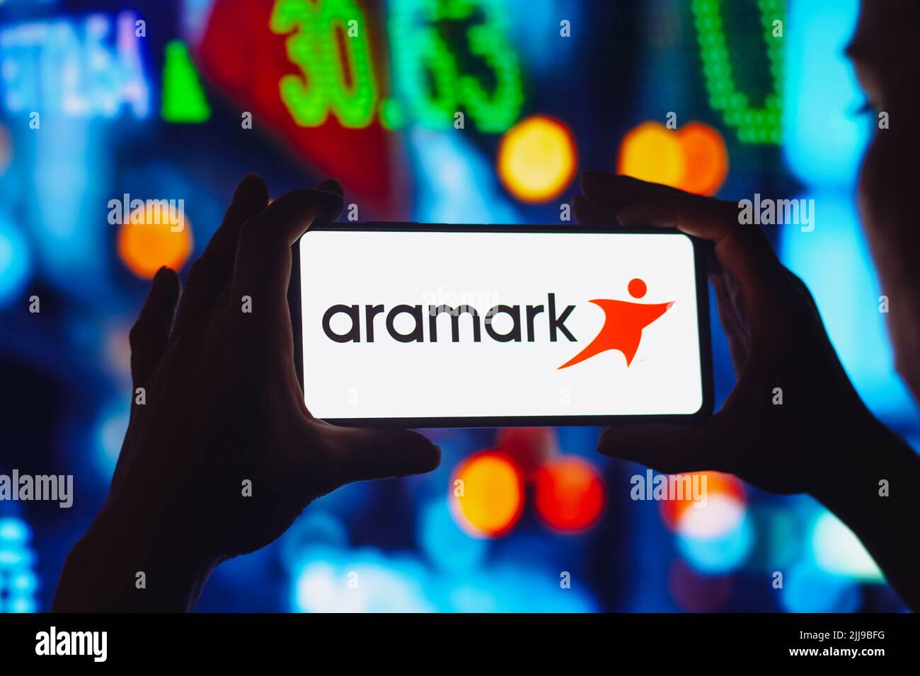 In this photo illustration, the Aramark Corporation logo is displayed ...