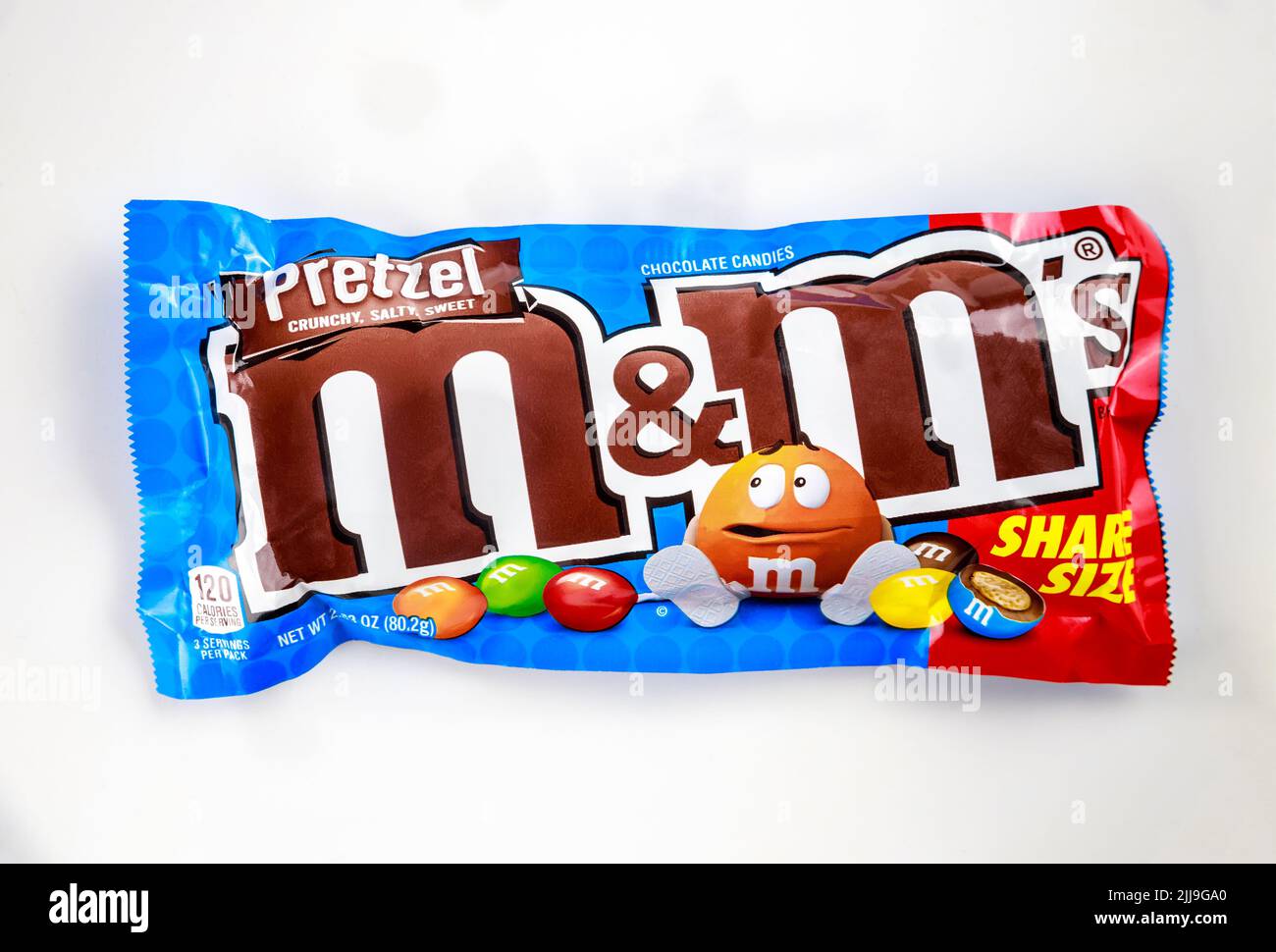 Top view of MMs colorful milk chocolate candy with crunchy pretzel ...