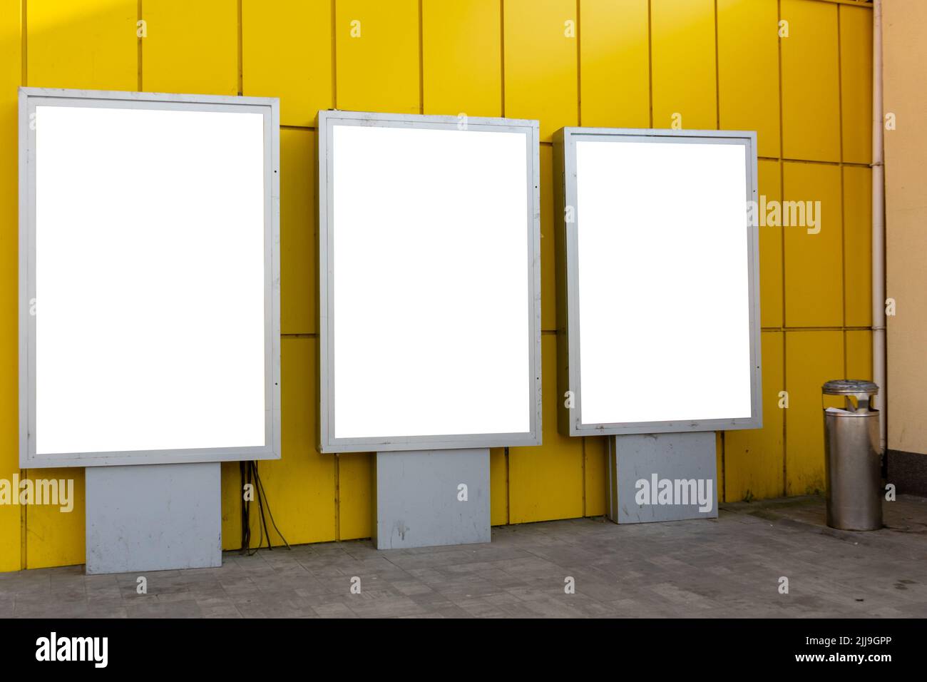 Three banners with isolated background near yellow wall. Banner with ...