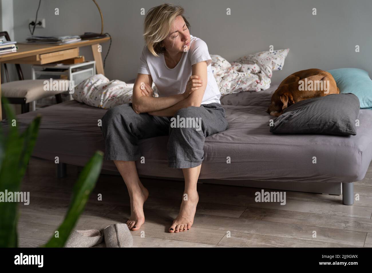 Sad single woman feel depressed and lonely while living alone with dog ...