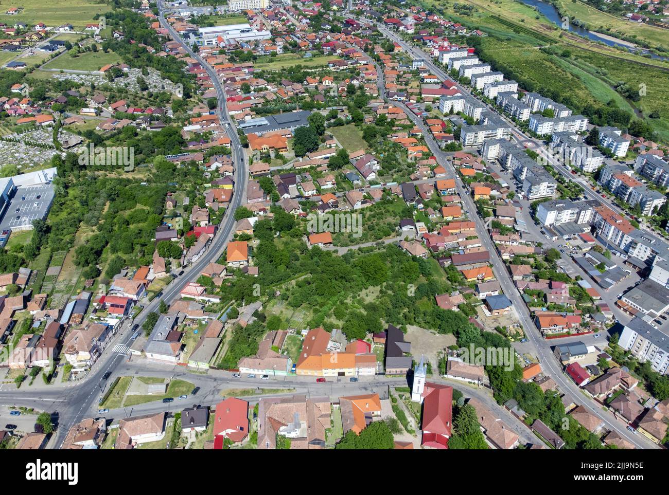 landscape of Reghin city - Romania seen from above, drone, summer Stock ...