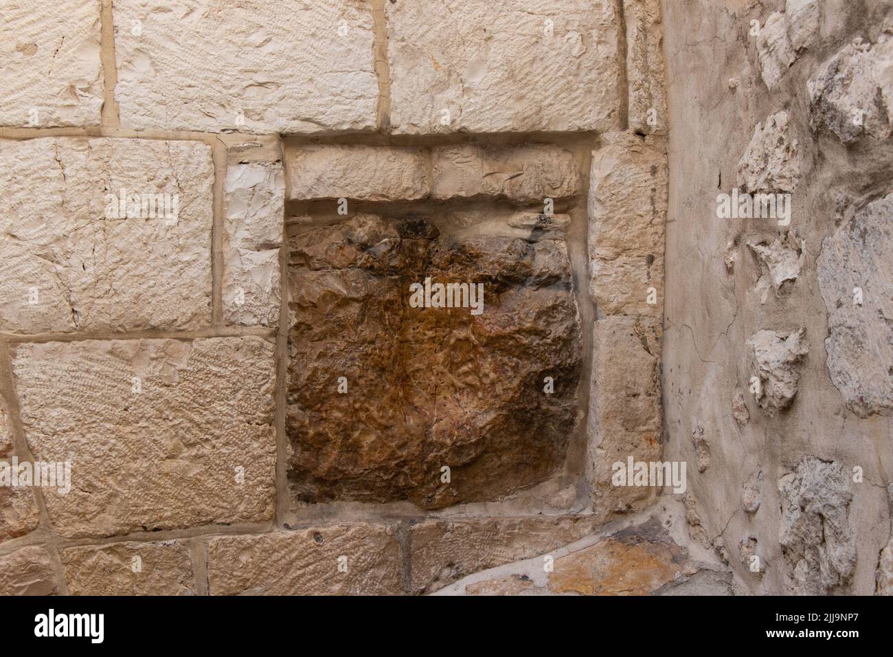 Handprint of Jesus on stone in the fifth station of Via Dolorosa ...
