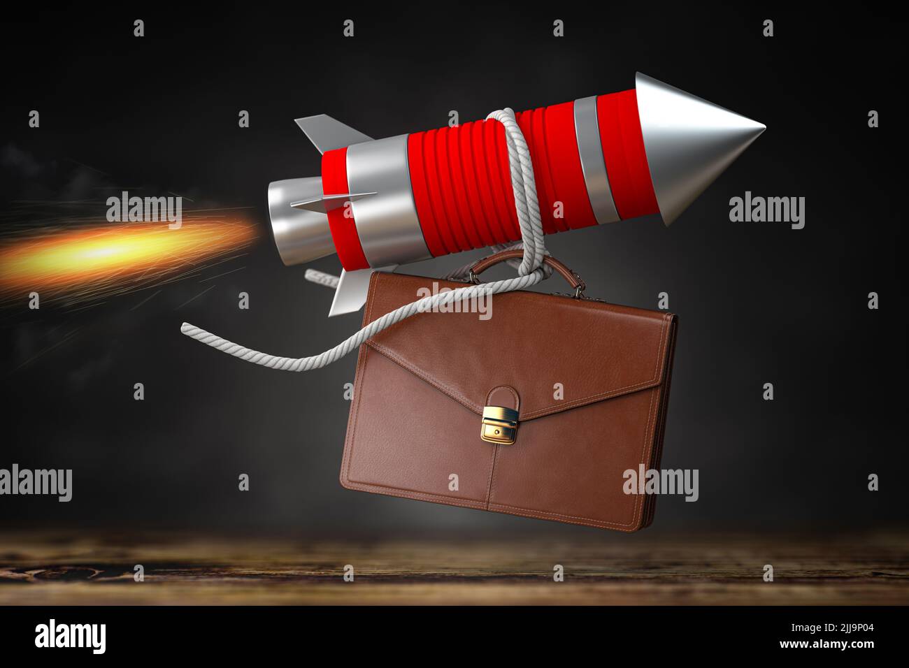 Business idea and start up concept. Briefcase on a flying rocket. 3d ...