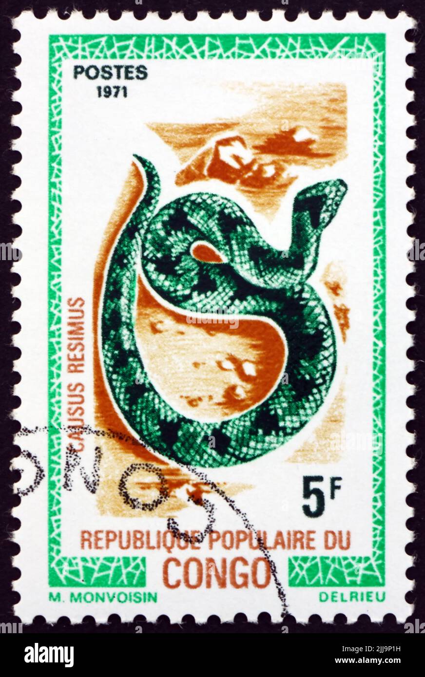 CONGO - CIRCA 1971: a stamp printed in Congo shows green night adder ...