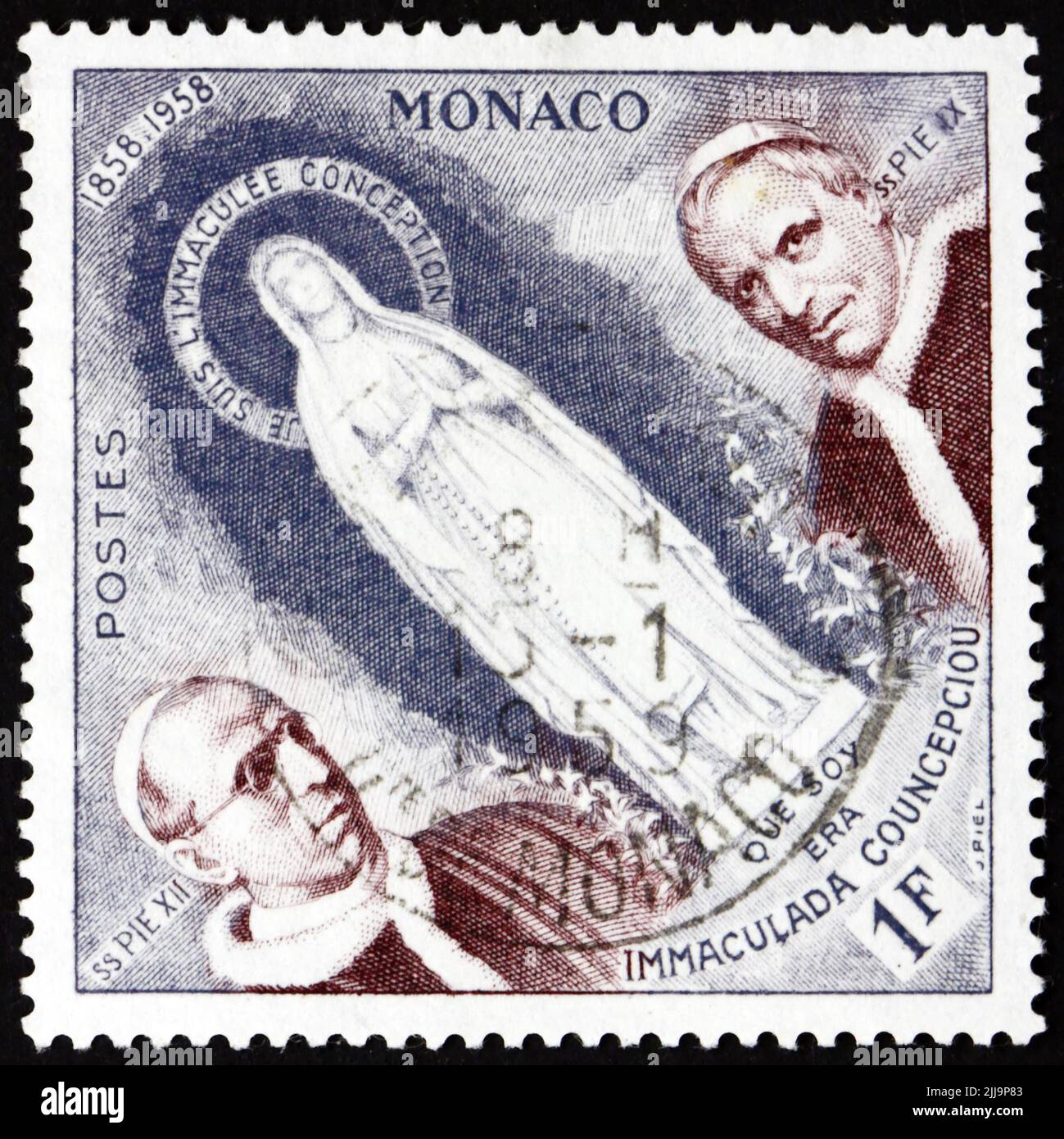 MONACO - CIRCA 1958 a stamp printed in Monaco shows Virgin Mary, Popes ...