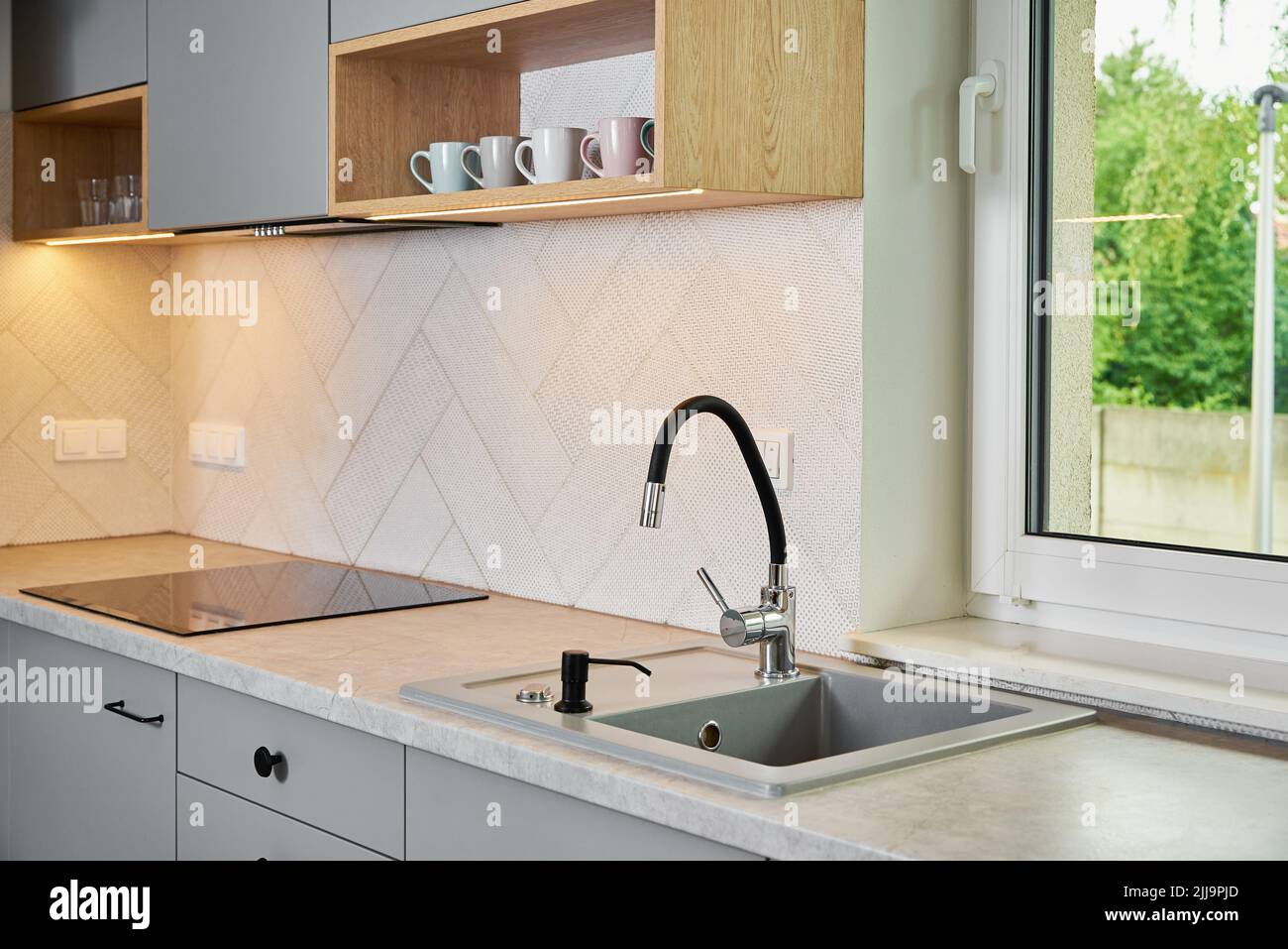 Modern kitchen with sink and window, Empty kitchen background with ...