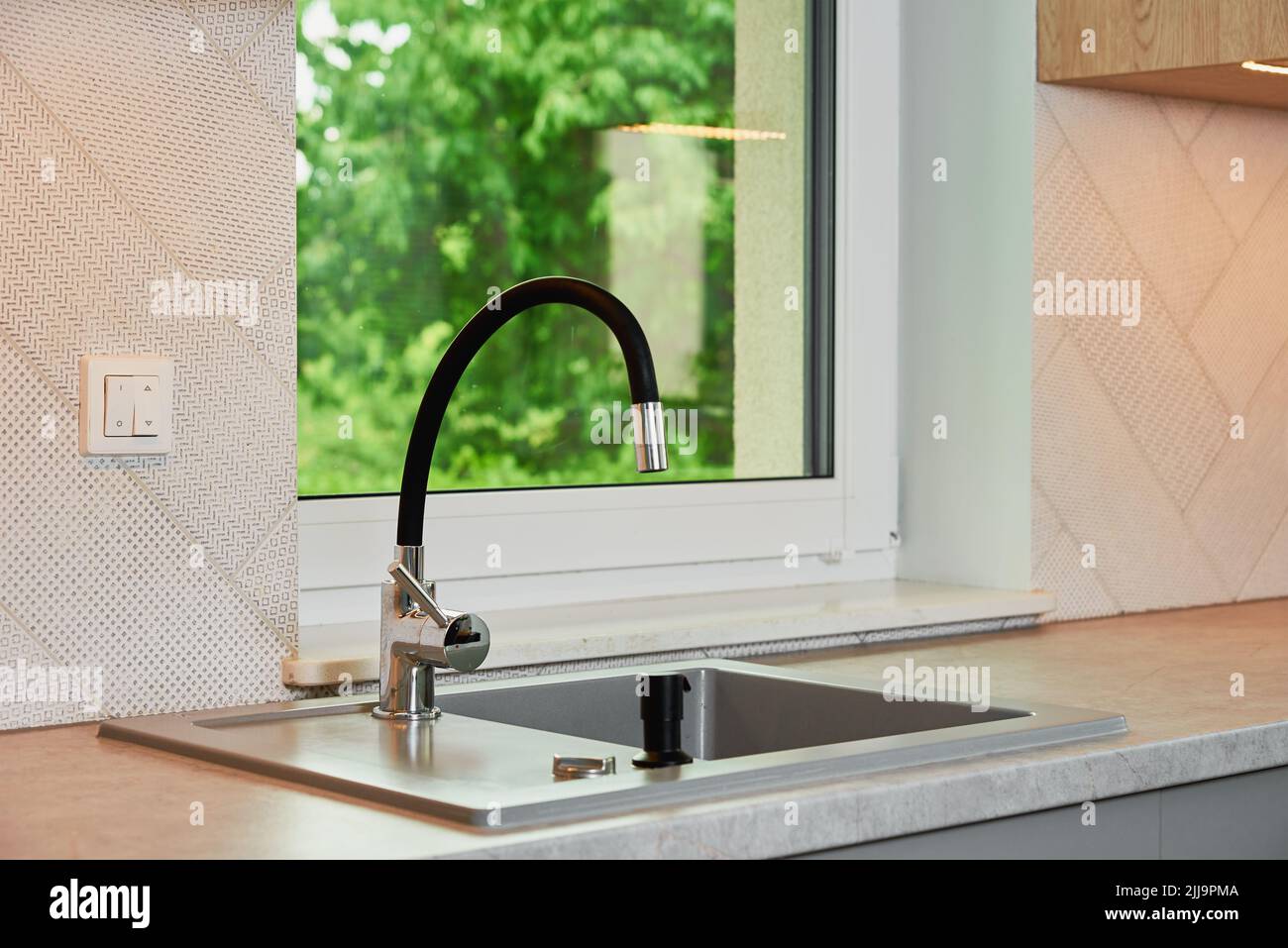 Modern kitchen with sink near window, Empty kitchen background with ...