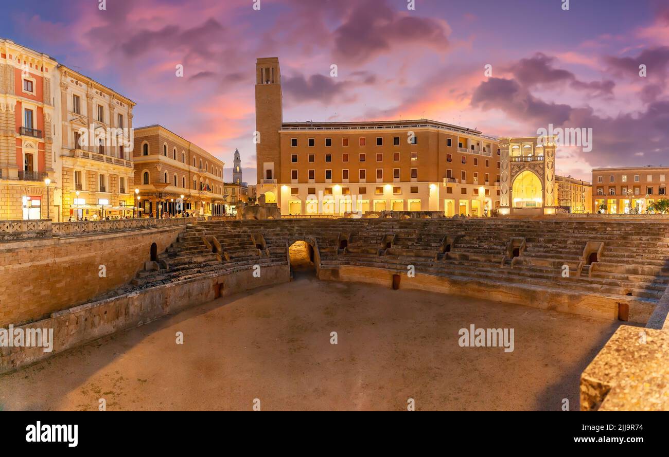 Ancient Roman Amphitheatre in Lecce t twilight time, Puglia region ...