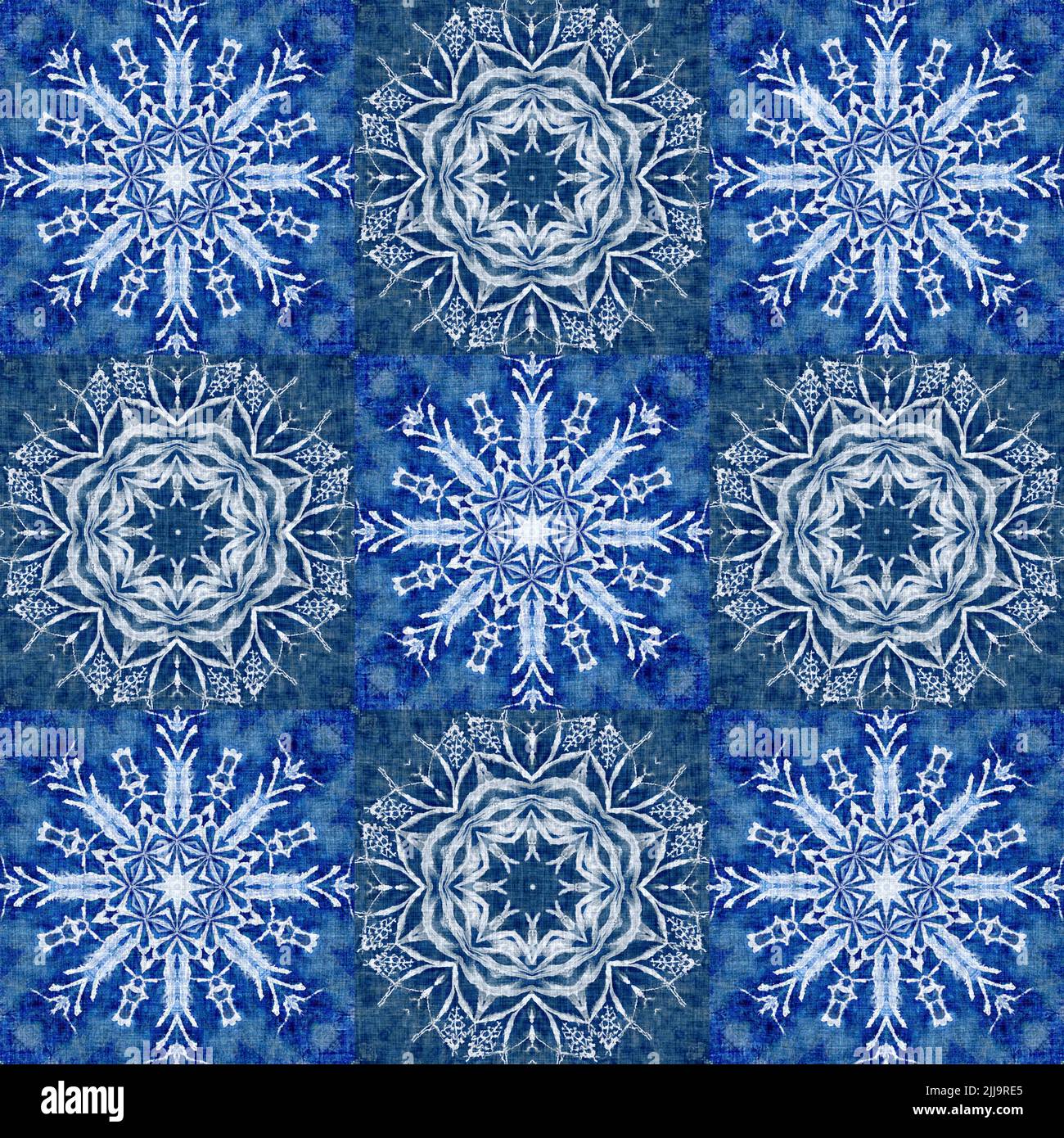 Indigo blue snow flake patchwork pattern background. Frosty painterly ...