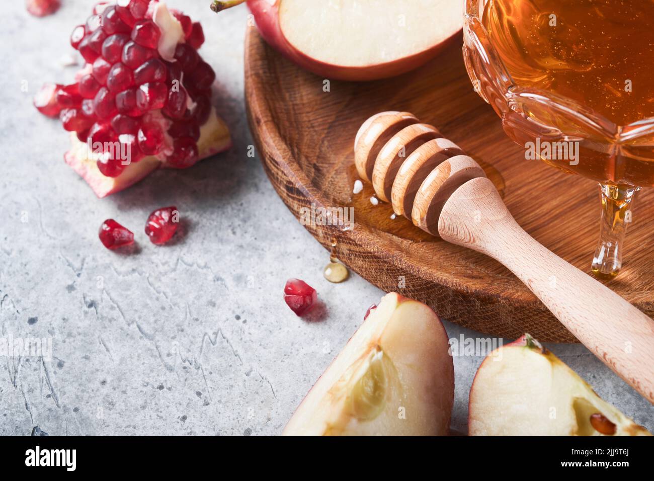 Rosh Hashanah. Pomegranate, apples and honey traditional products for ...