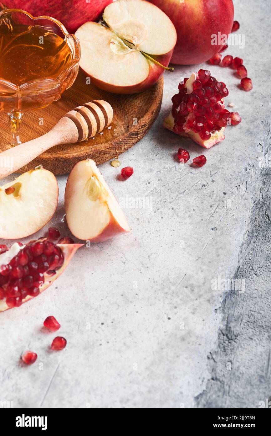 Rosh Hashanah. Pomegranate, apples and honey traditional products for ...