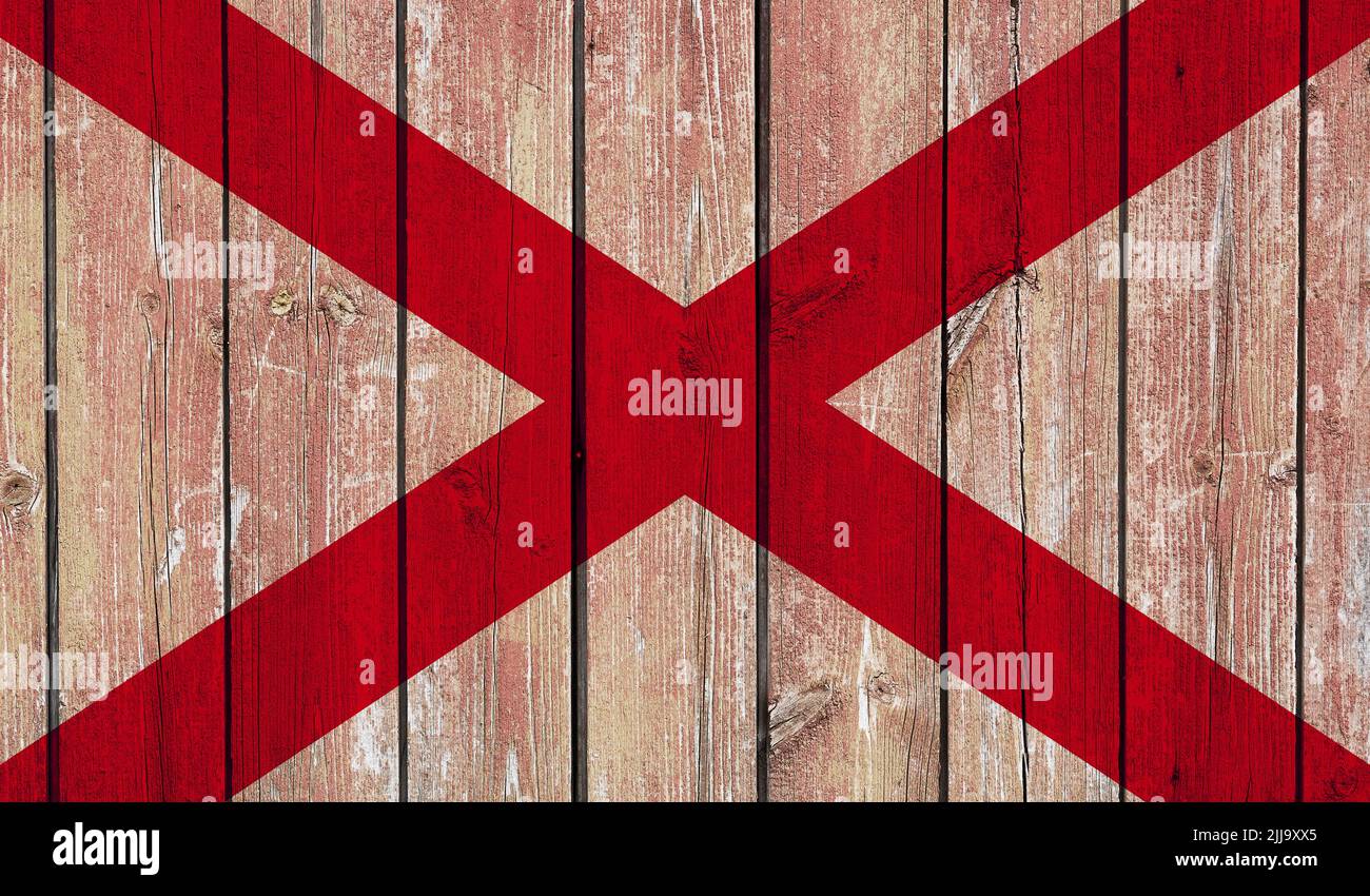 Top view of Old Painted Flag of Alabama state, USA on Dark Wooden Fence ...