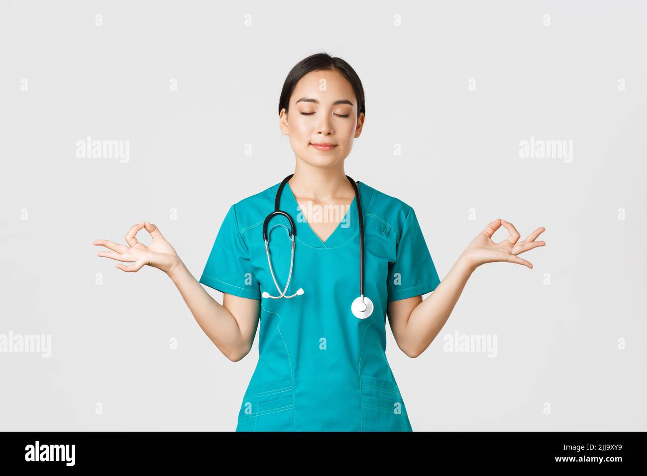 Covid-19, healthcare workers and preventing virus concept. Calm and ...