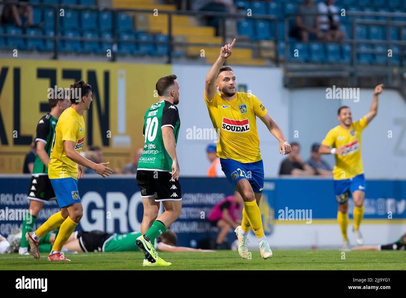 Westerlo, Belgium, 24 July 2022, Westerlo's Erdon Daci celebrates after ...